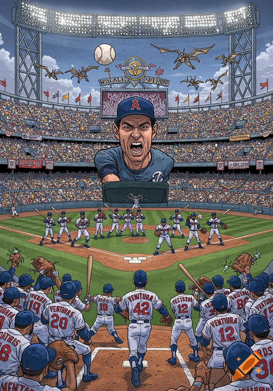 Illustration of a surreal baseball game with many players, a giant head ...