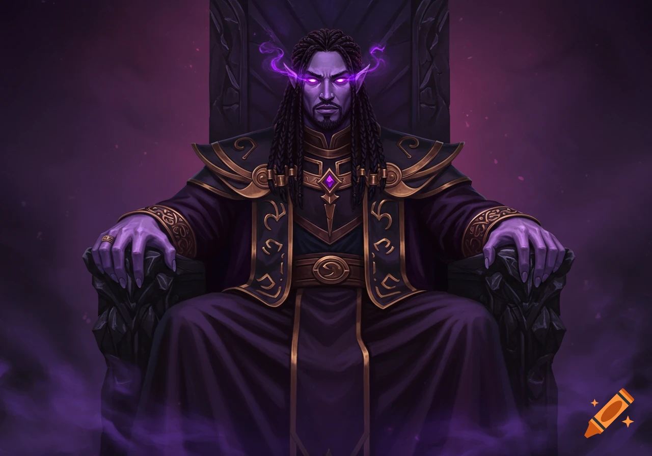 A purple-skinned character with glowing eyes sits on a throne with ...