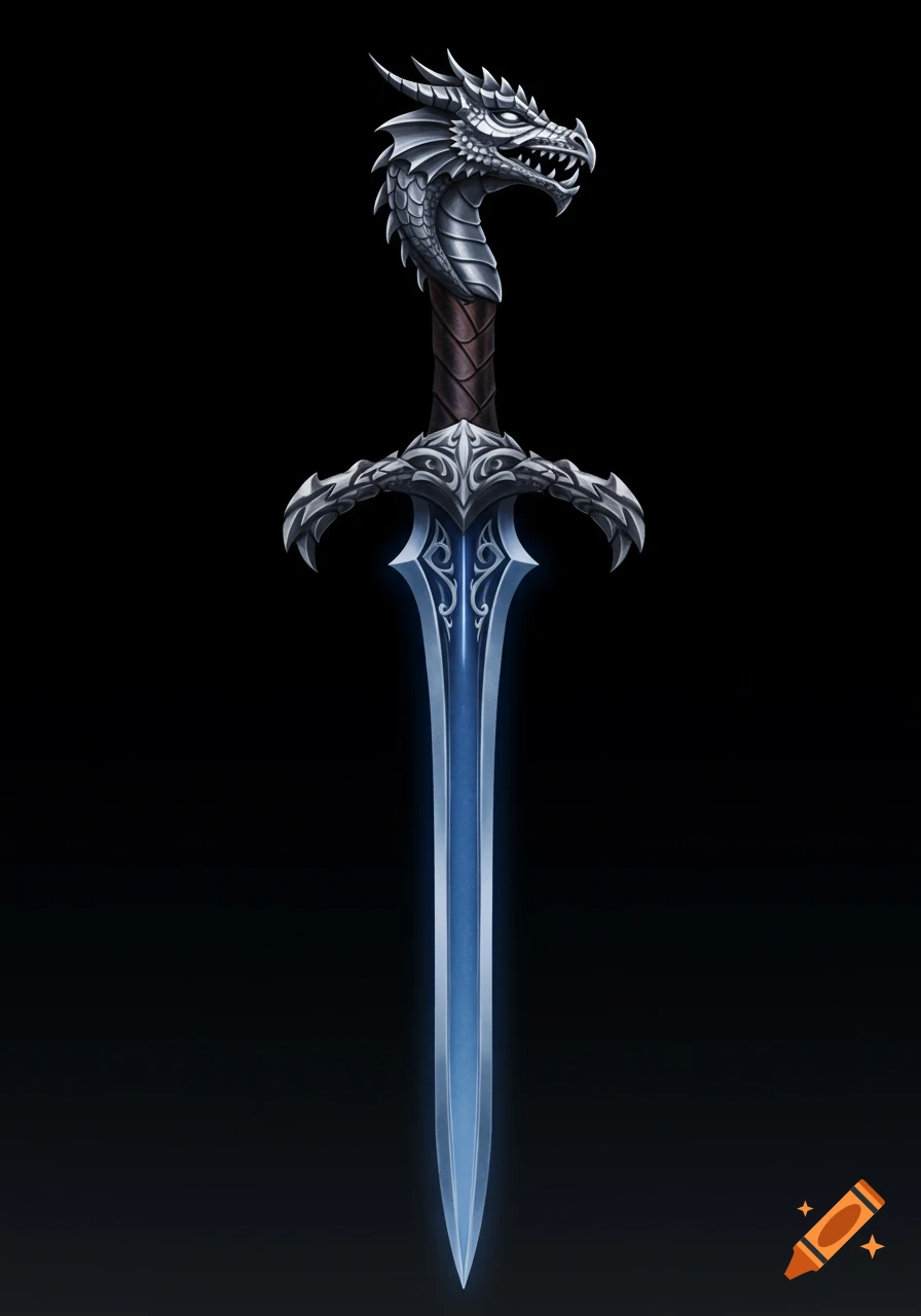 Fantasy sword with ornate silver hilt and dragon head pommel on Craiyon