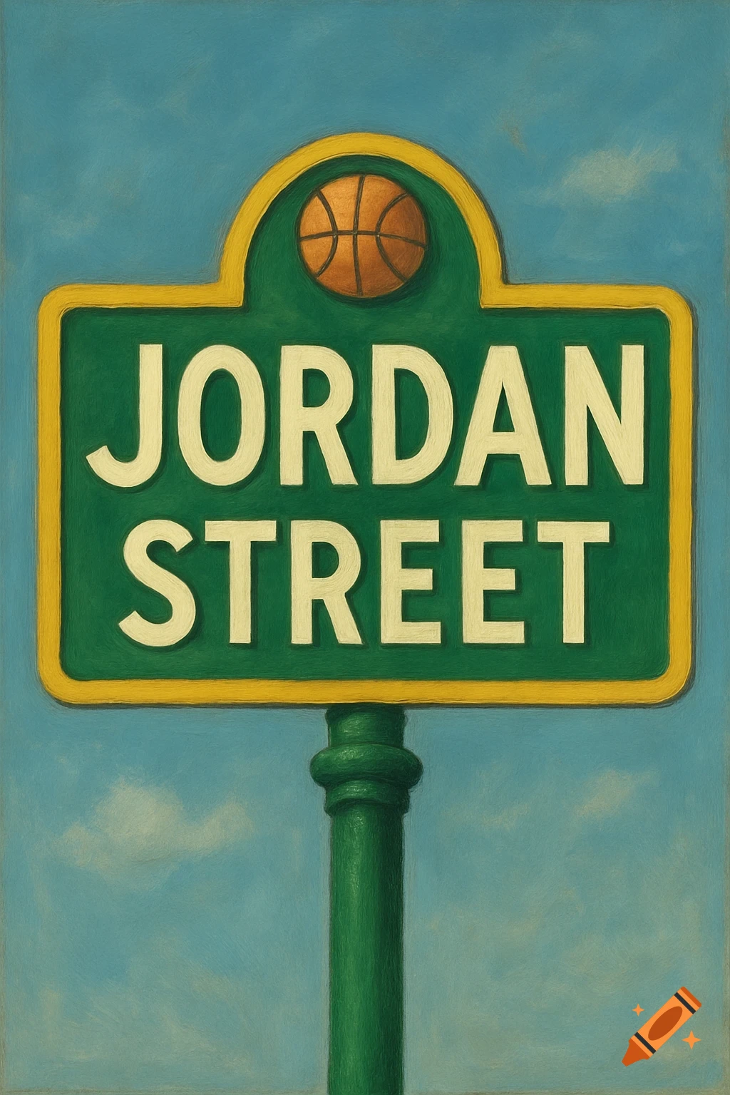 Green and yellow sign in painting style reading "JORDAN STREET" with a ...