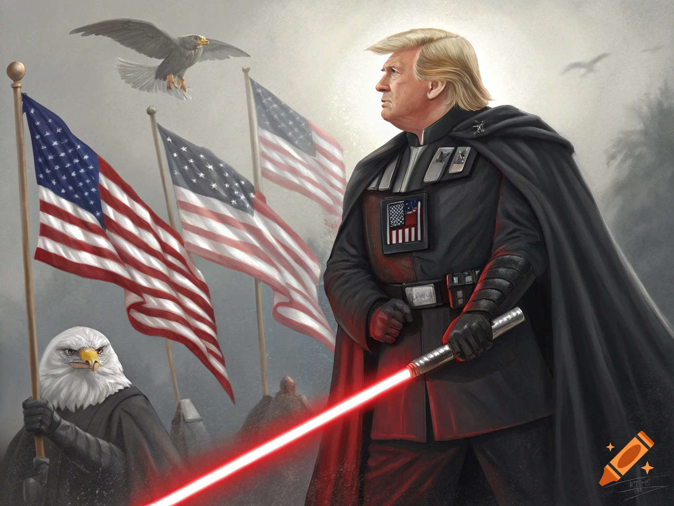 Donald Trump in Darth Vader-like costume holding red lightsaber, with ...