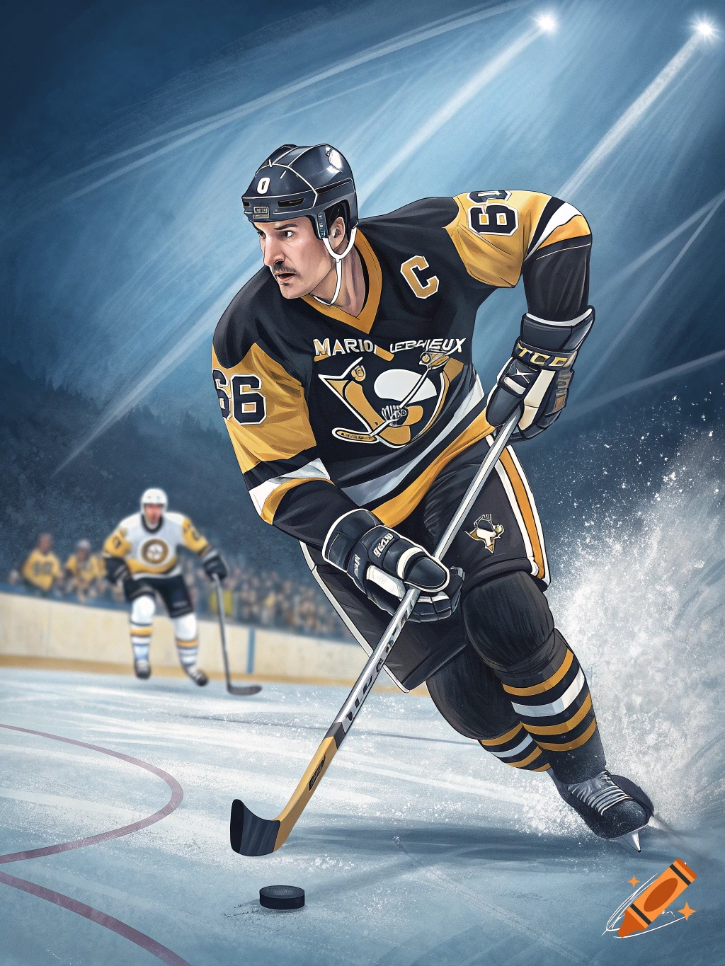Illustration of Mario Lemieux playing hockey for the Pittsburgh ...