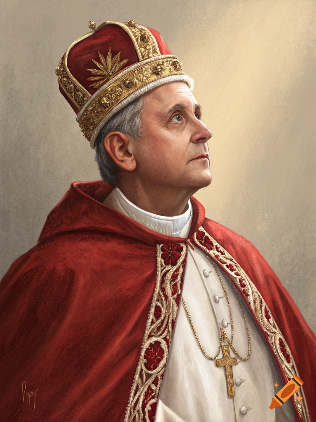 Portrait of a man in red and gold papal robes and tiara, looking upward ...