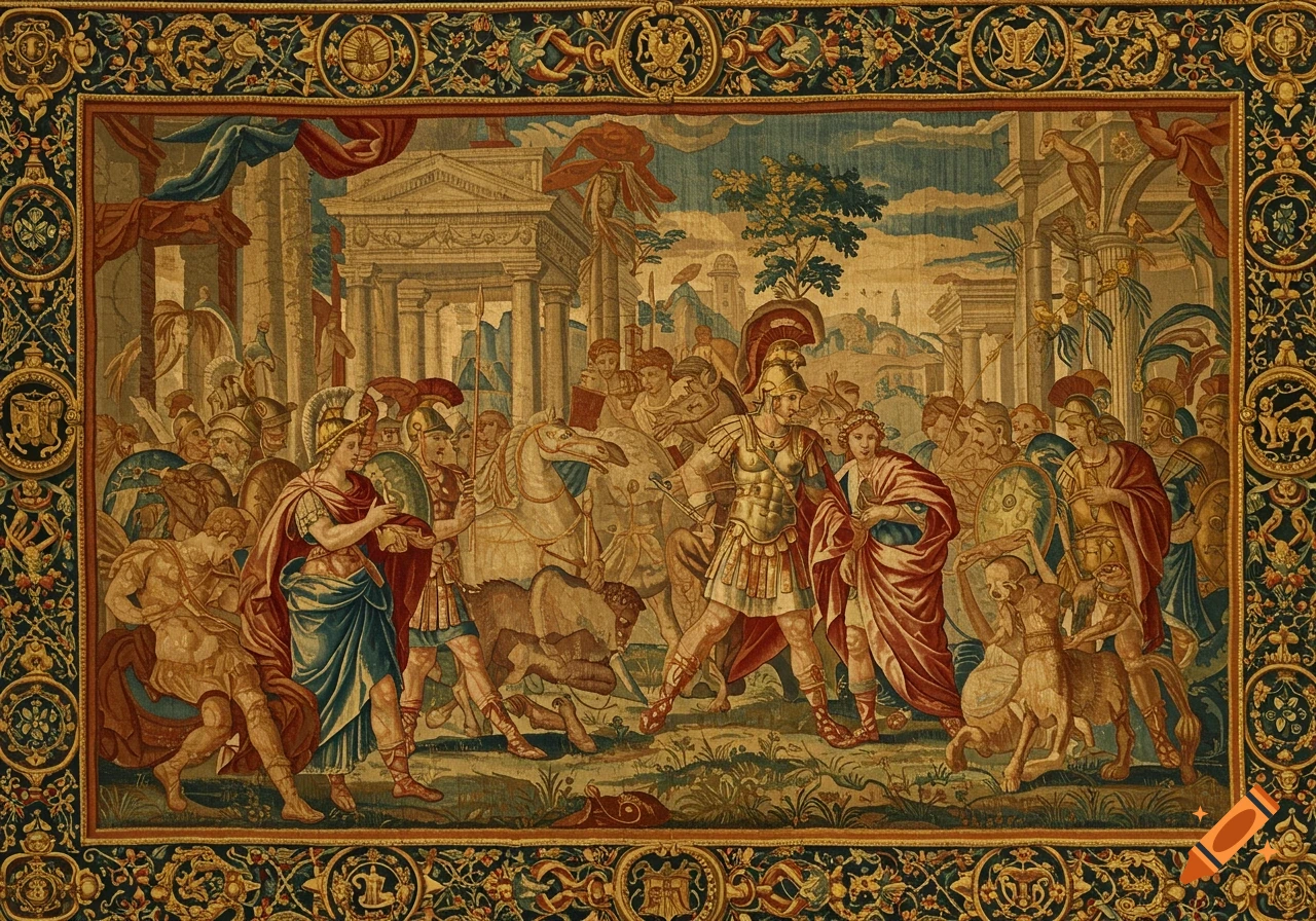 A large tapestry depicting a scene with figures in ancient Roman or ...