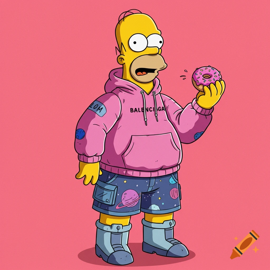 Homer Simpson in a pink Balenciaga hoodie, space-patterned shorts, and ...