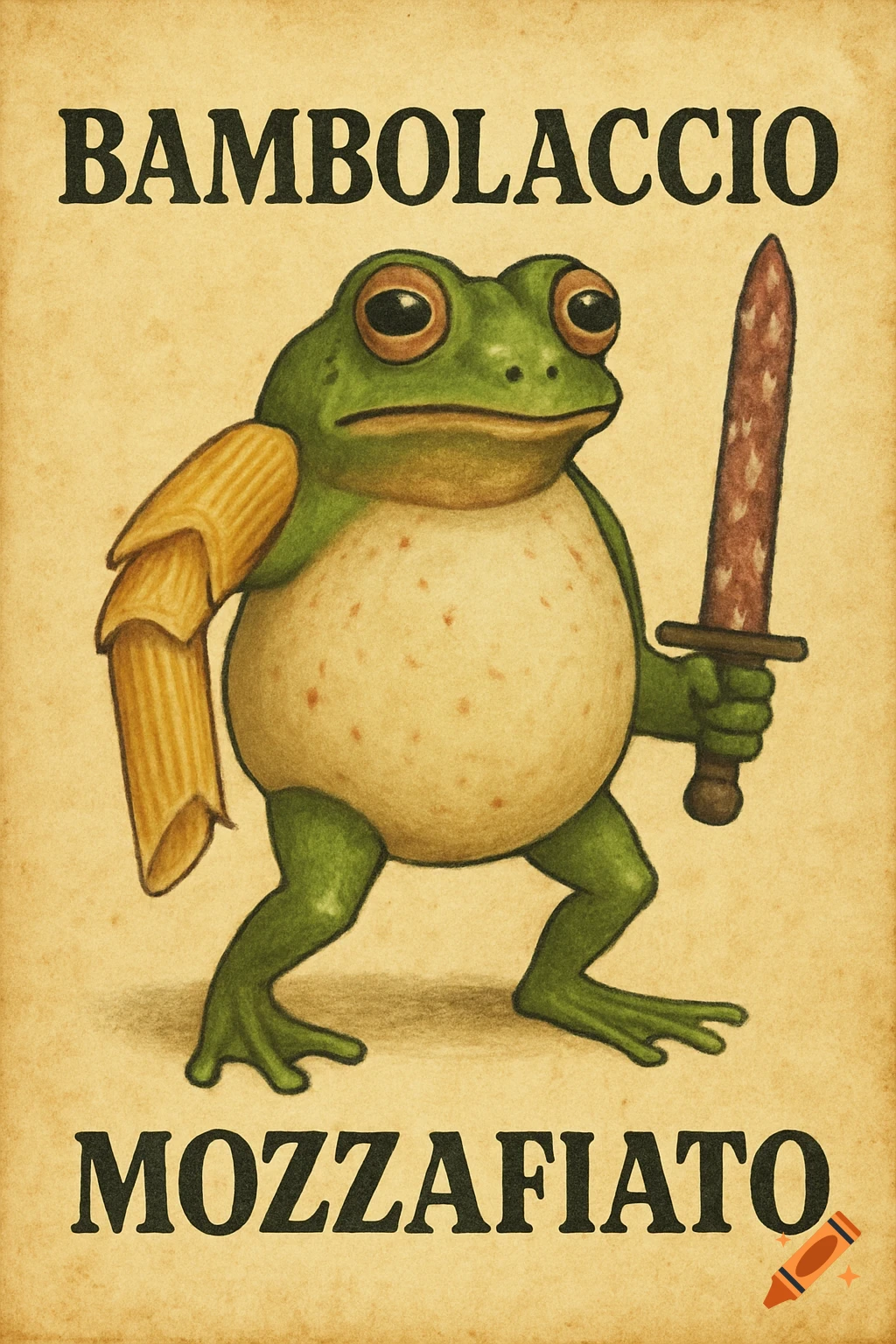 Cartoon frog holding a pasta sword and wearing pasta armor on a vintage ...