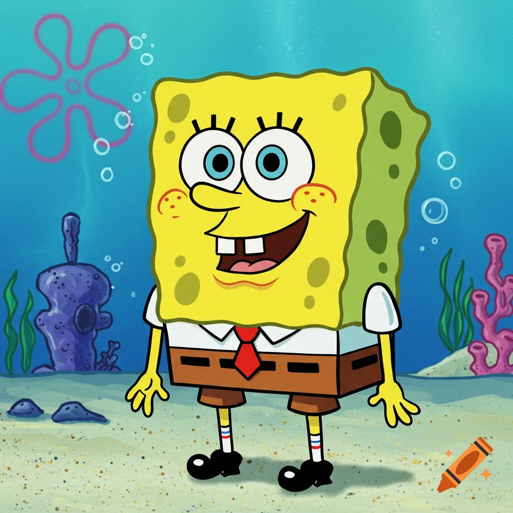 SpongeBob SquarePants stands underwater in his cartoon style. on Craiyon