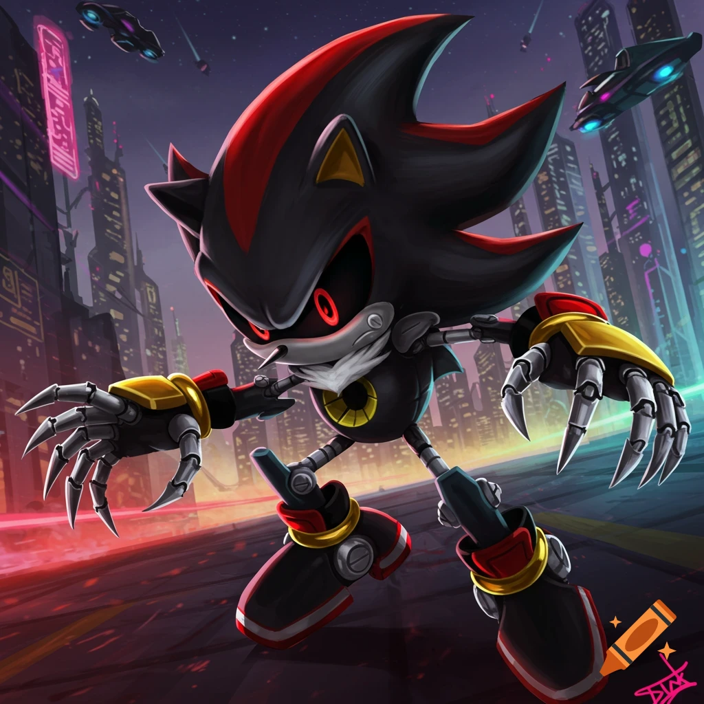 Metal Shadow the Hedgehog stands aggressively in a futuristic city at ...