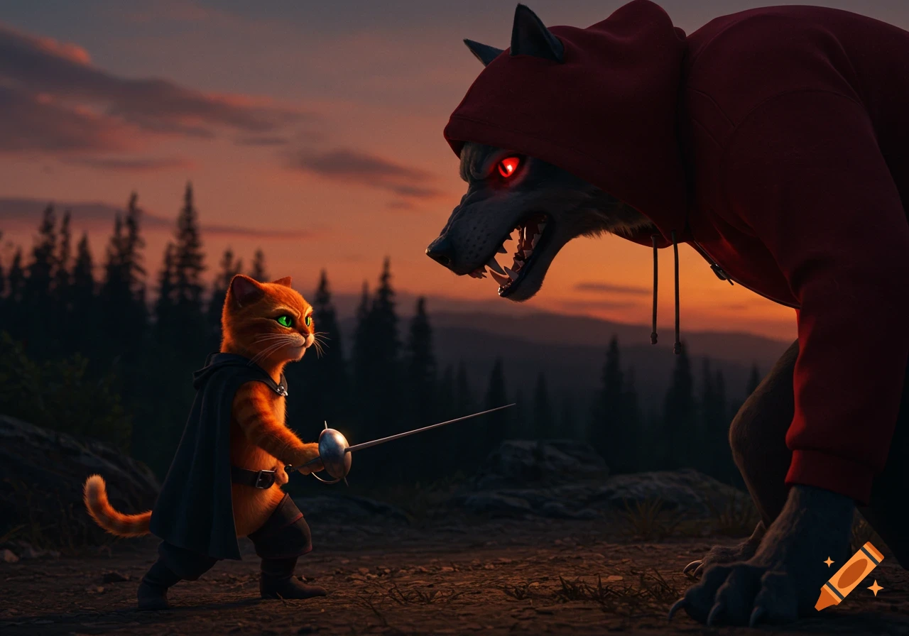 Puss in Boots duels the Death Wolf in a red hood at sunset. on Craiyon