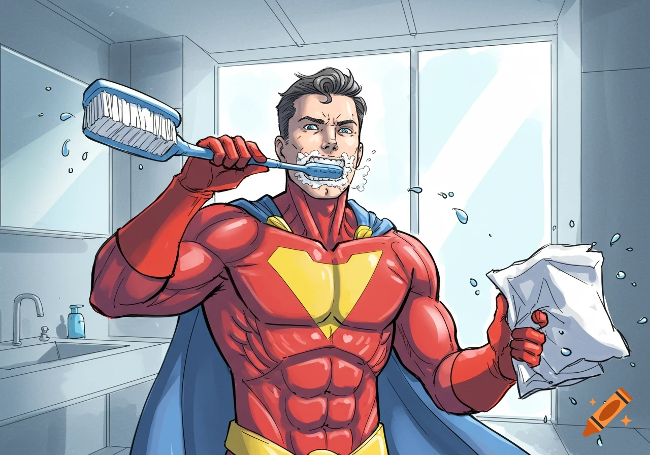 Cartoon superhero brushing teeth in a bathroom on Craiyon