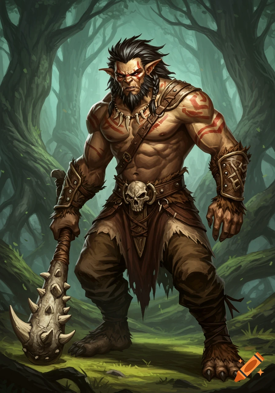 A muscled beast warrior holds a spiky club in a forest. on Craiyon