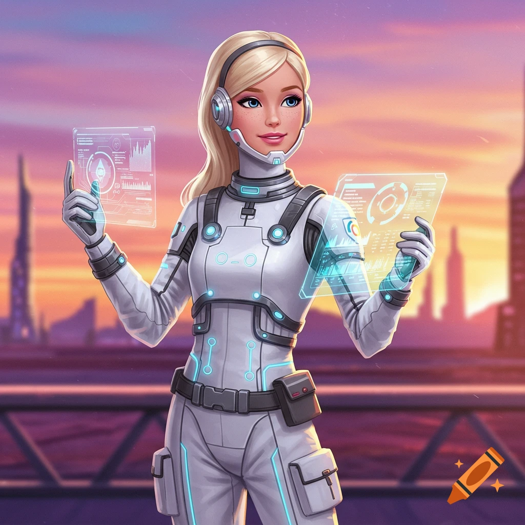 Barbie-like character in futuristic suit holds holographic screens ...