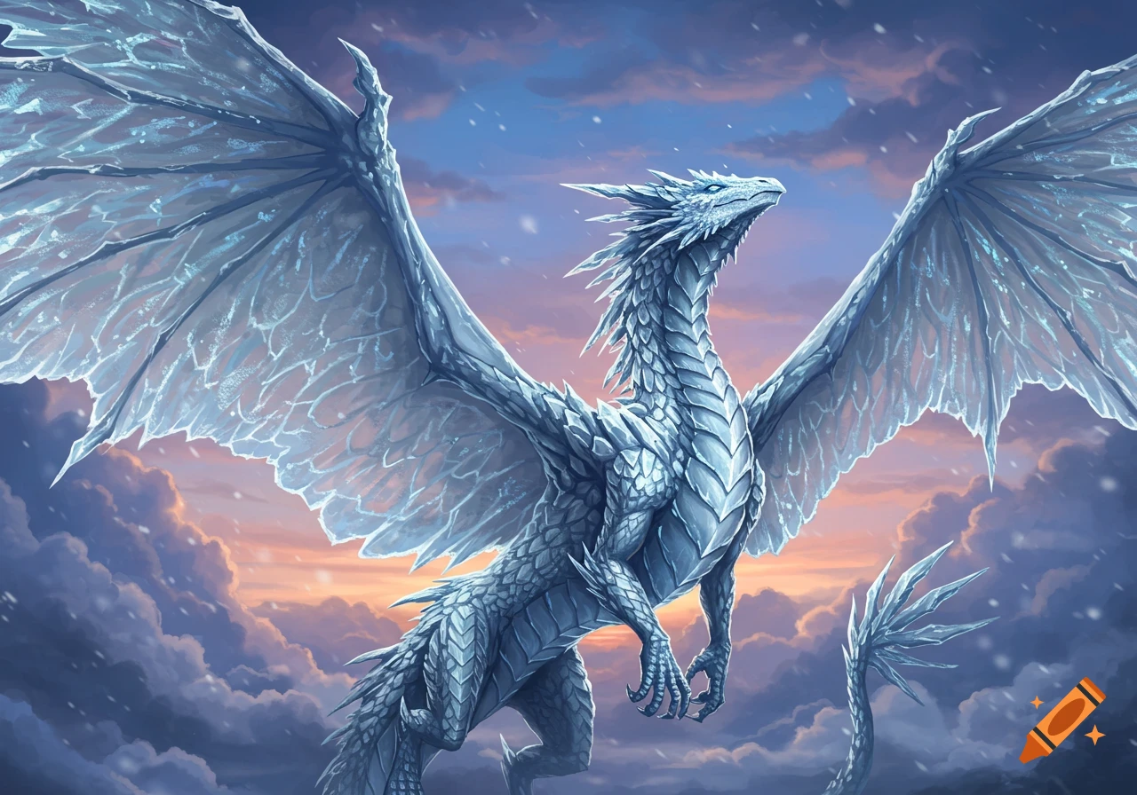 Elegant white ice dragon flying upwards through snowy clouds against a ...