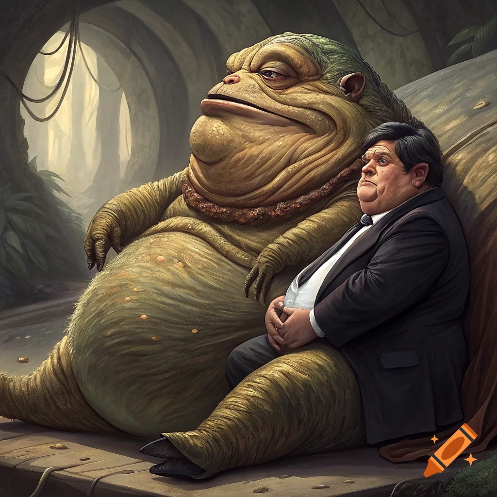 A stout man in a suit sits next to a large, slug-like creature in a ...