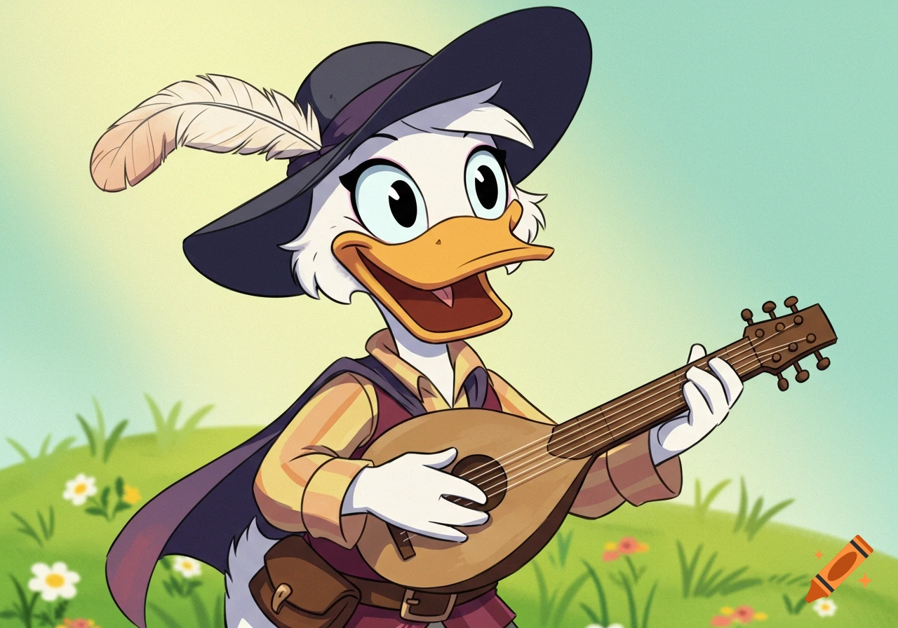 A cartoon duck character in a bard outfit plays a stringed instrument ...