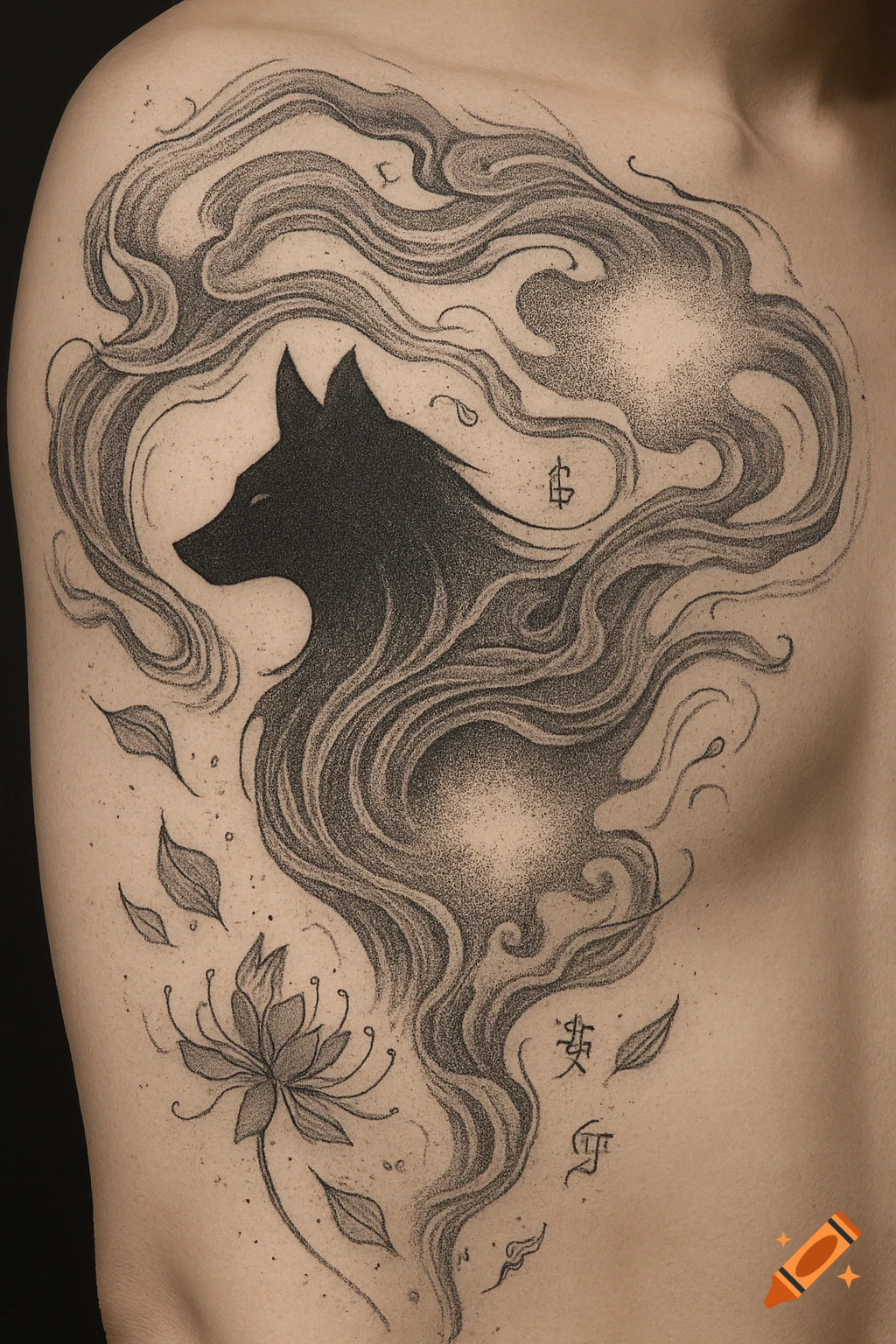 Intricate black ink tattoo on skin showing a wolf silhouette within ...