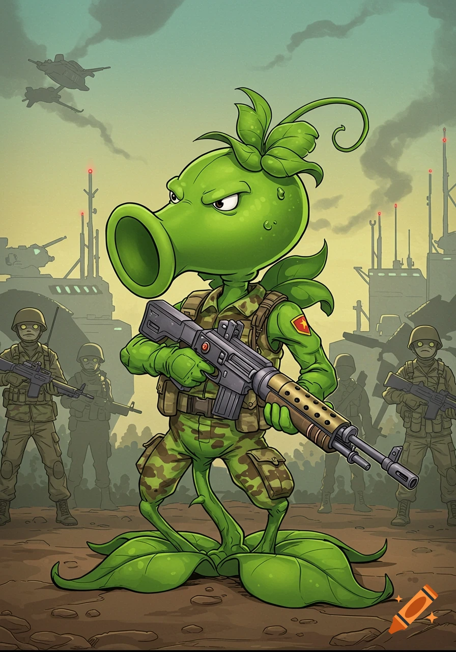 Cartoon pea shooter character in military uniform holding a rifle in a ...