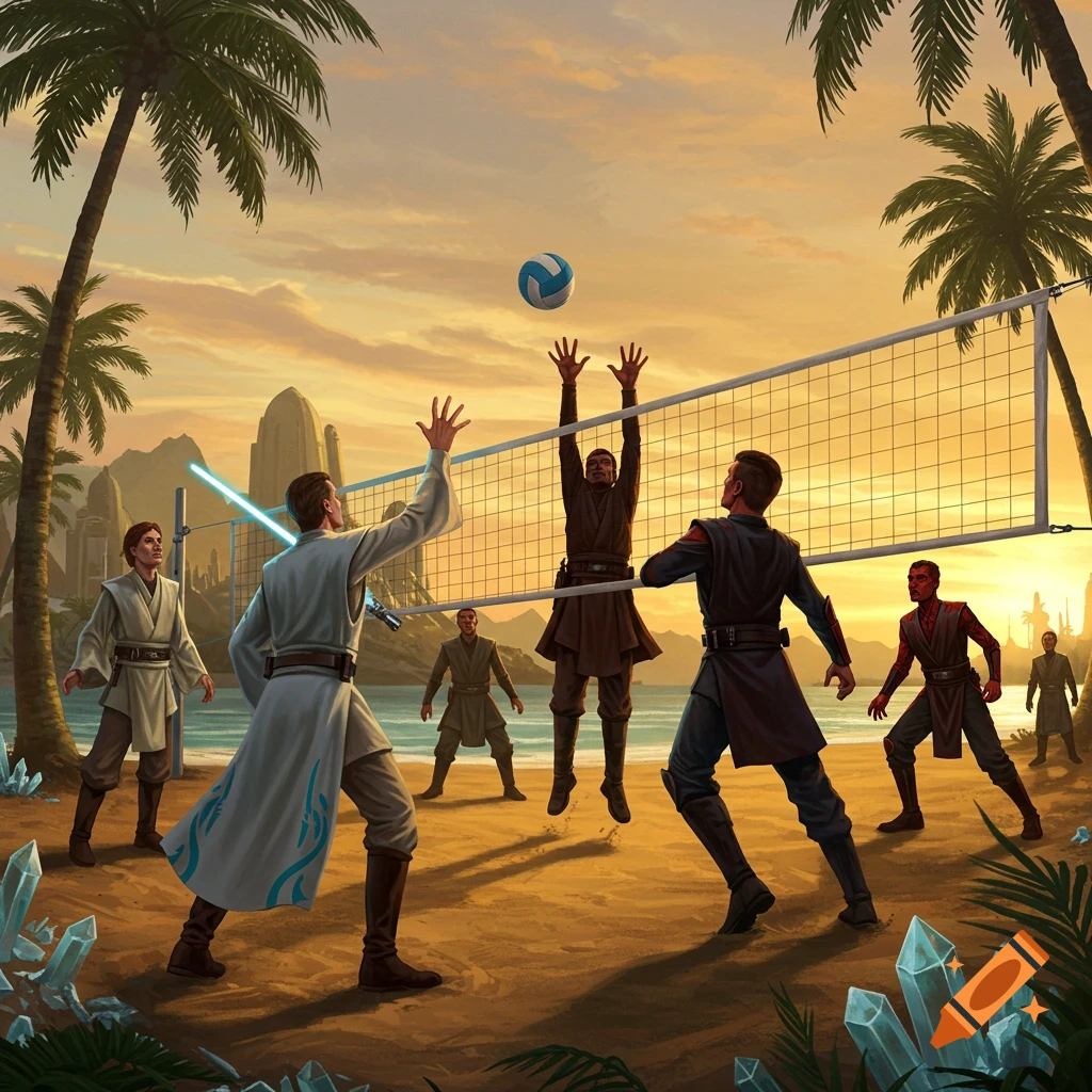 Characters dressed like Jedi and Sith play volleyball on a beach at ...
