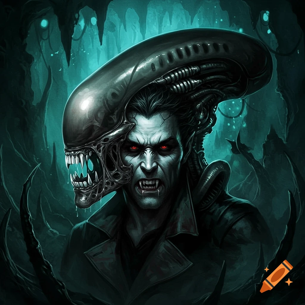 Dark art of a vampire-like man with a Xenomorph head in a cave setting ...