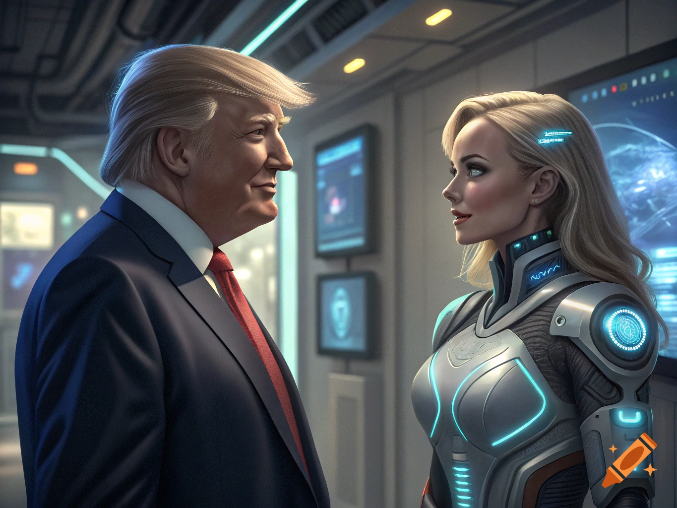 Donald Trump looks at a woman in futuristic armor in a sci-fi room. on ...