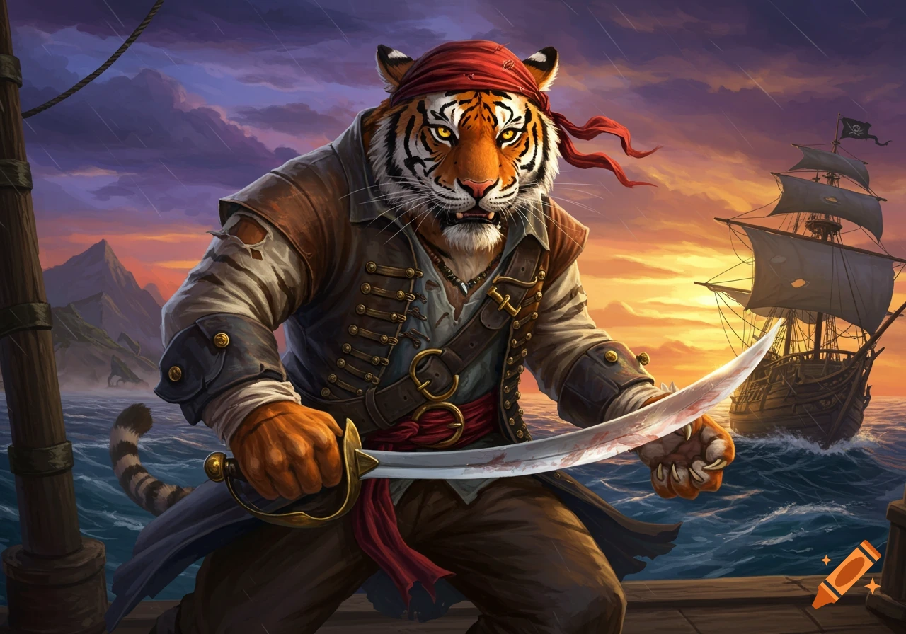 Anthropomorphic tiger pirate on a ship deck holding a saber, with a ...