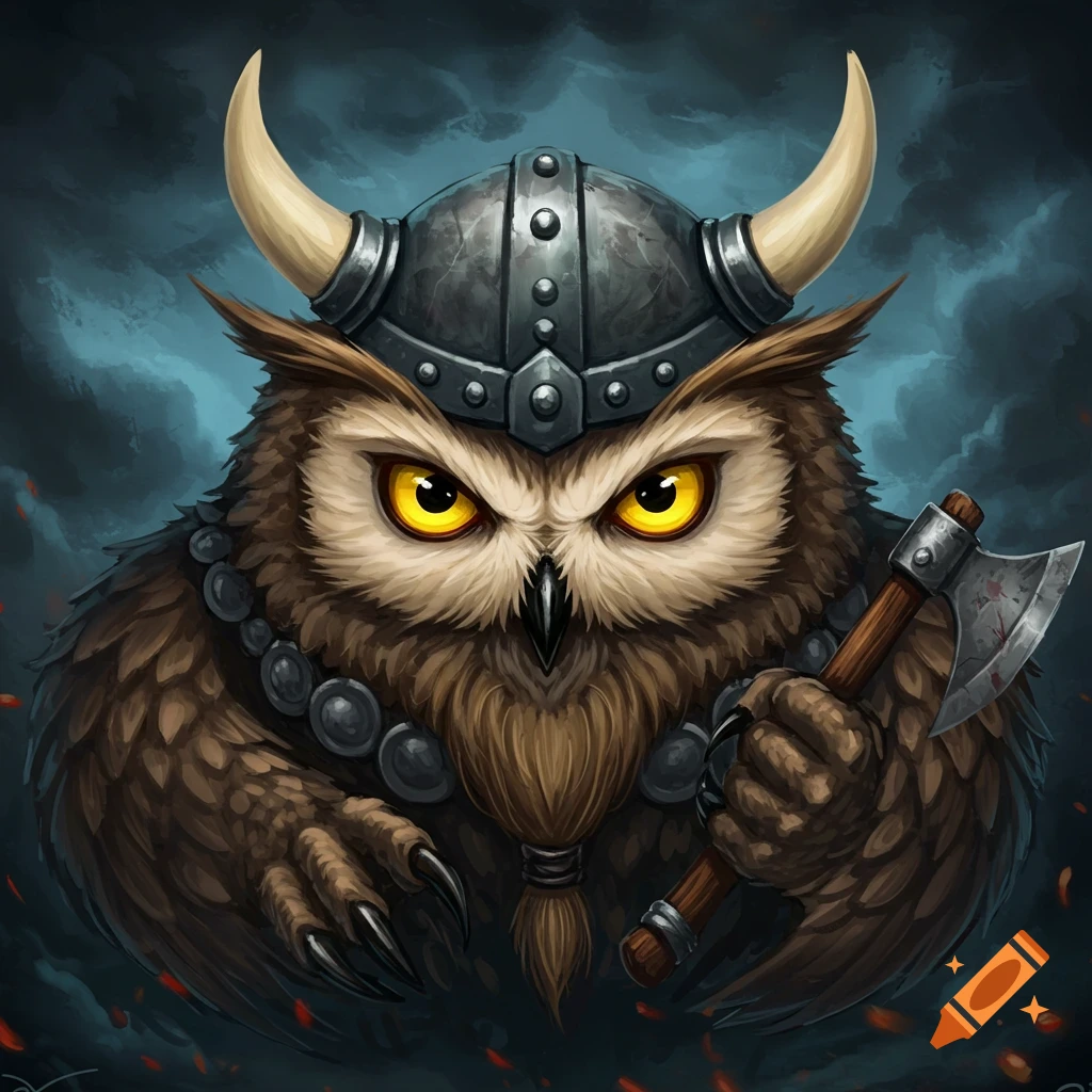 A detailed fantasy illustration of an owl wearing a horned viking ...