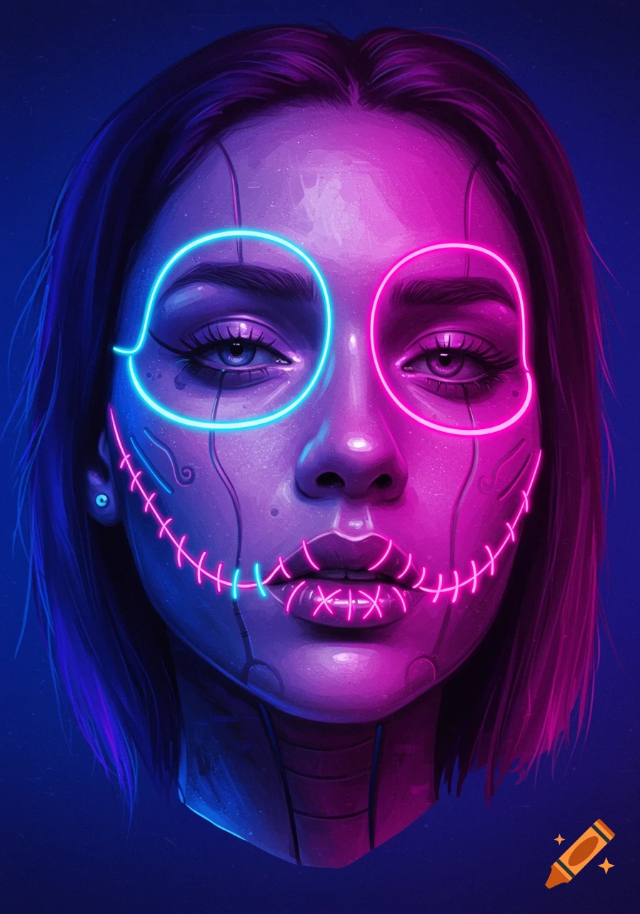 Close-up portrait of a woman's face with neon light outlines and ...