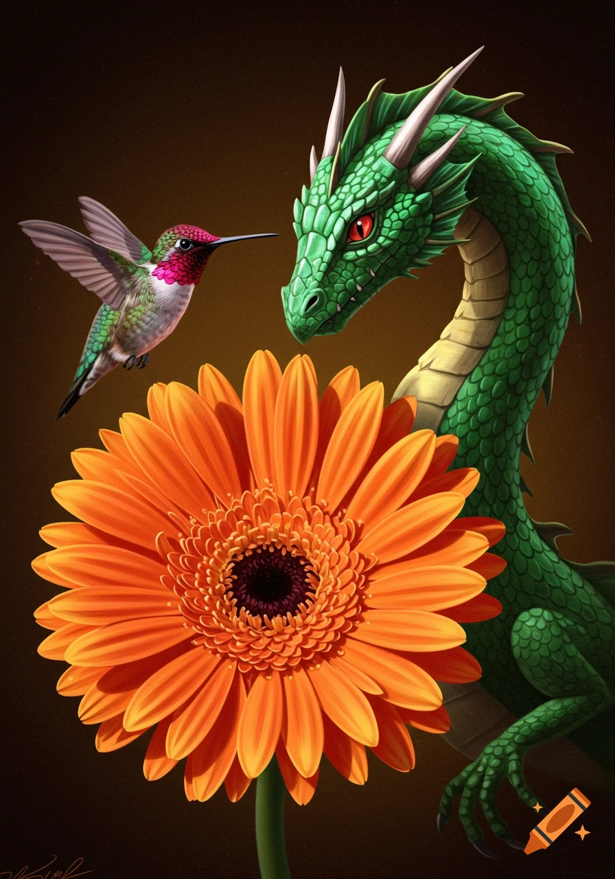 A hummingbird faces a green dragon's head beside a large orange gerber ...