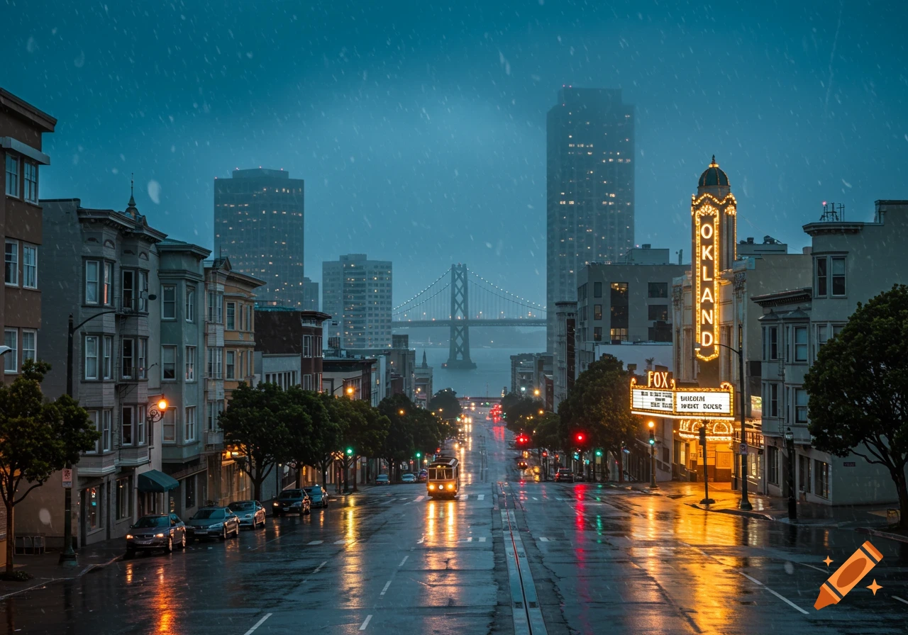 Rainy city street at dusk with a trolley, buildings, a theater marquee ...