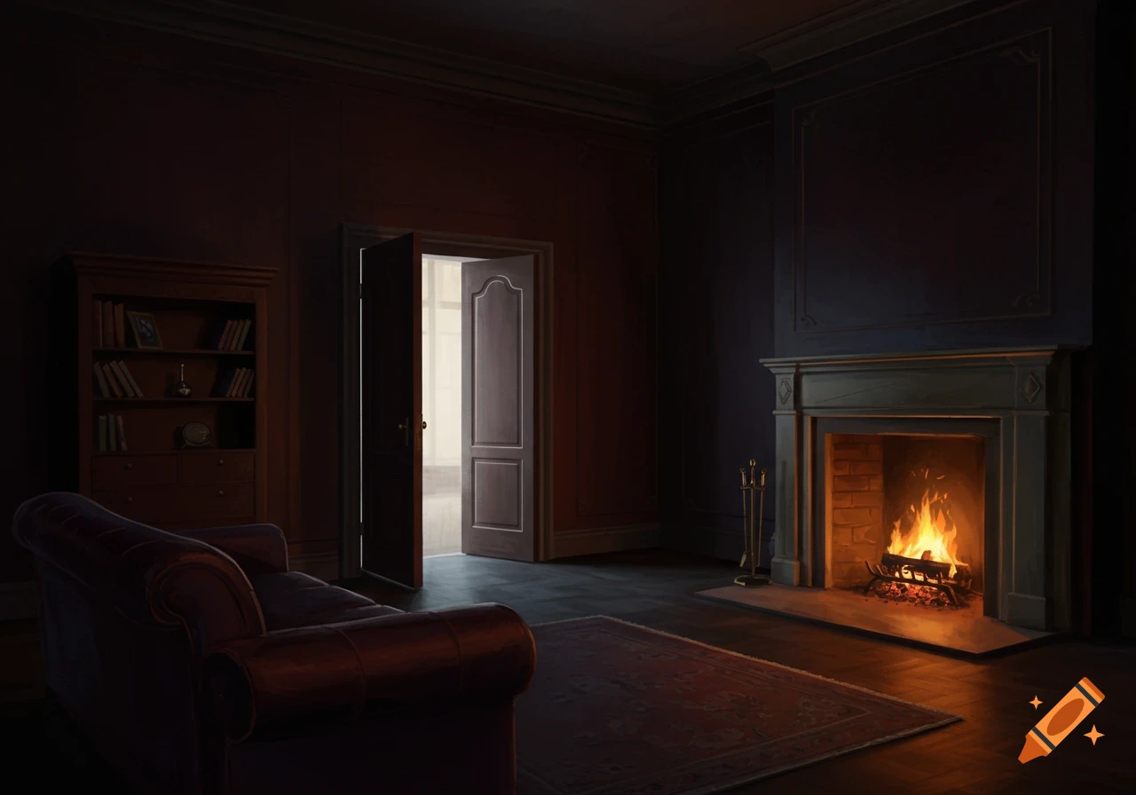 A dimly lit room with a burning fireplace, a red sofa, a bookshelf, and ...