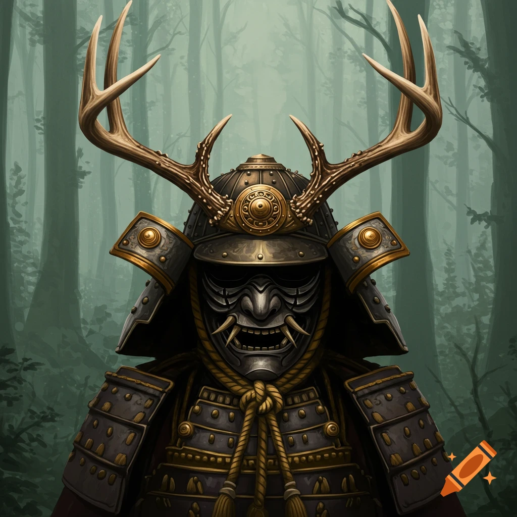 Samurai helmet and mask with deer antlers in a forest on Craiyon