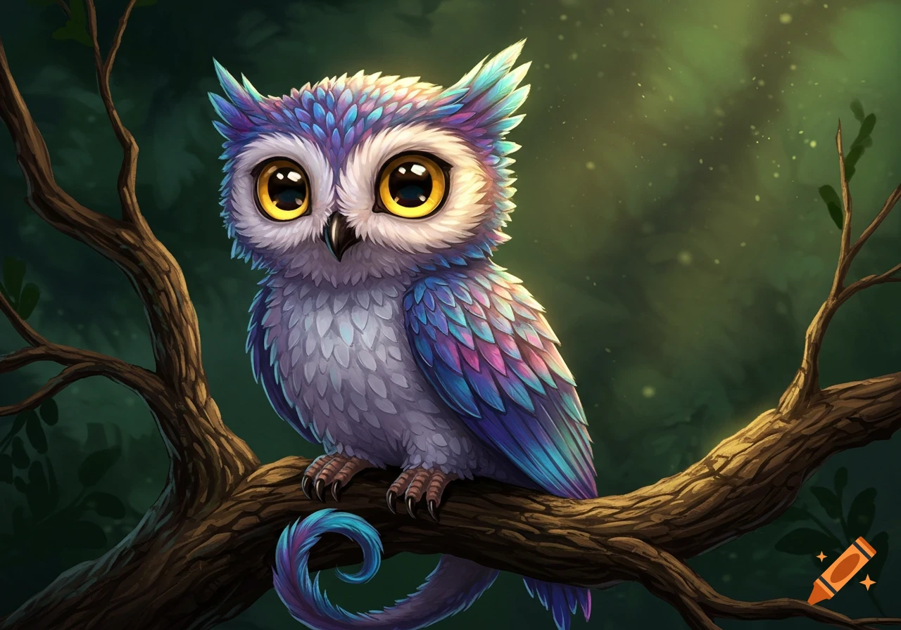 A cute fantasy owl with colorful feathers sits on a tree branch in a ...