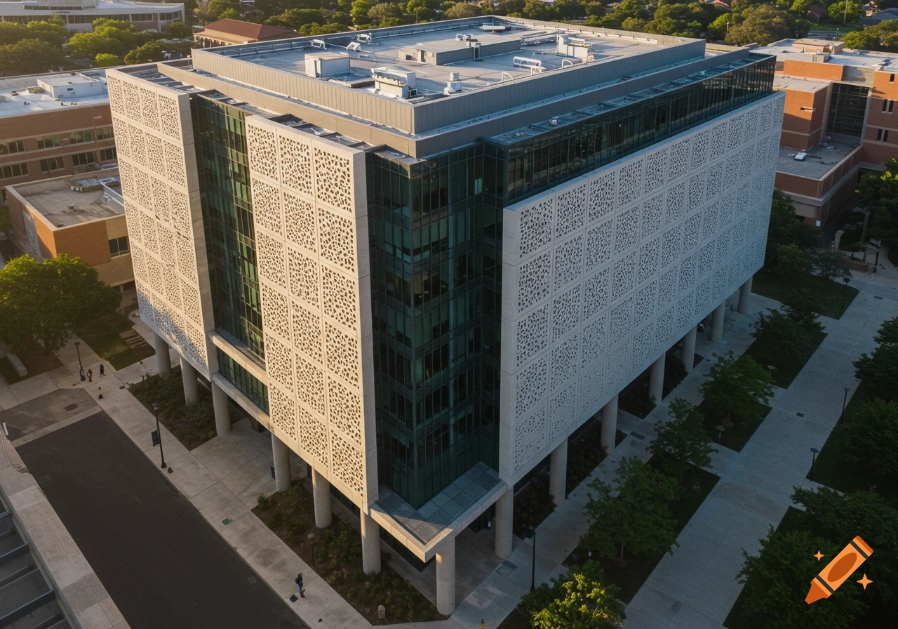 Aerial view of a modern university building with patterned facade and ...