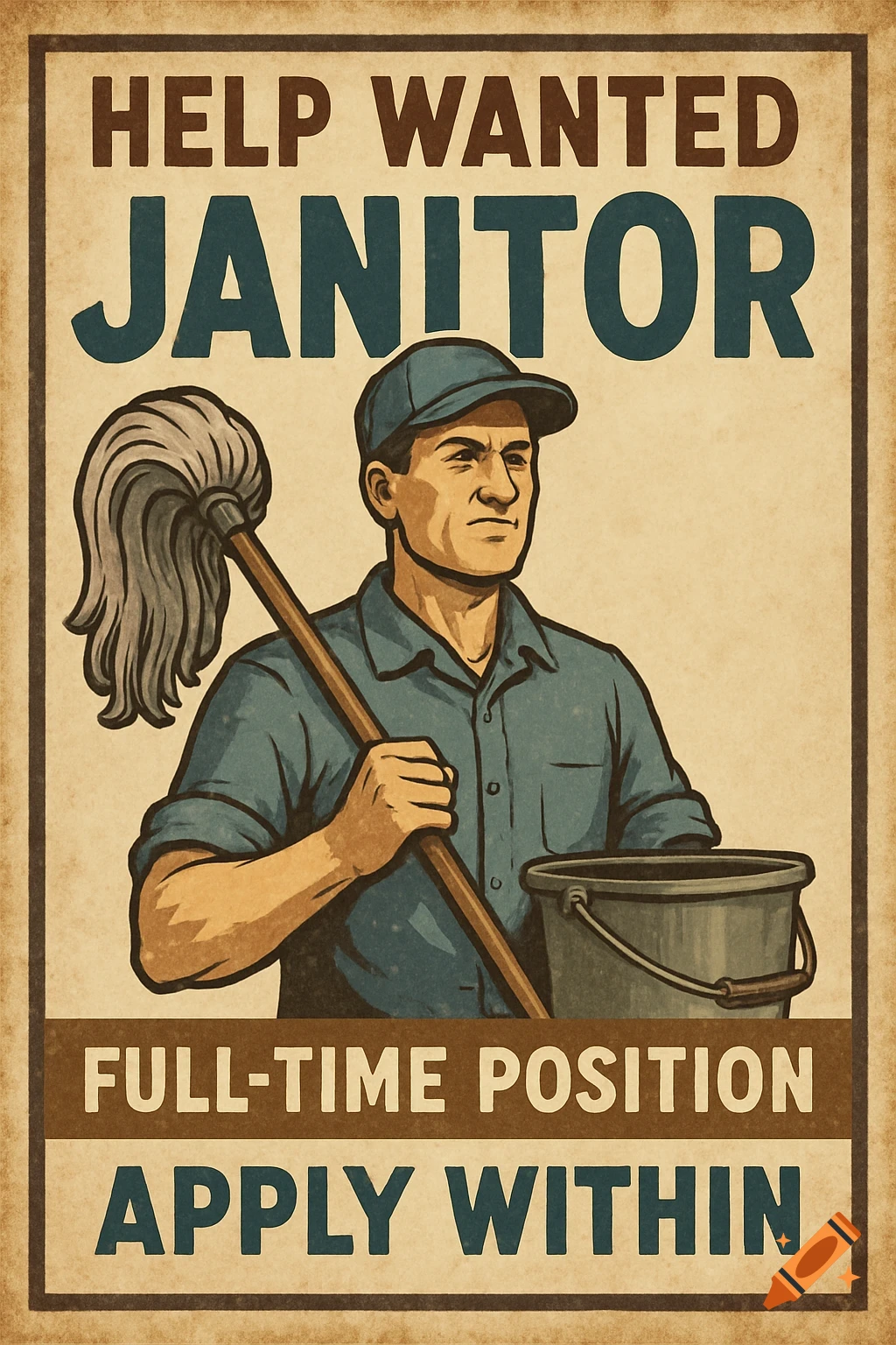 Vintage style help wanted poster for a janitor position, featuring an ...