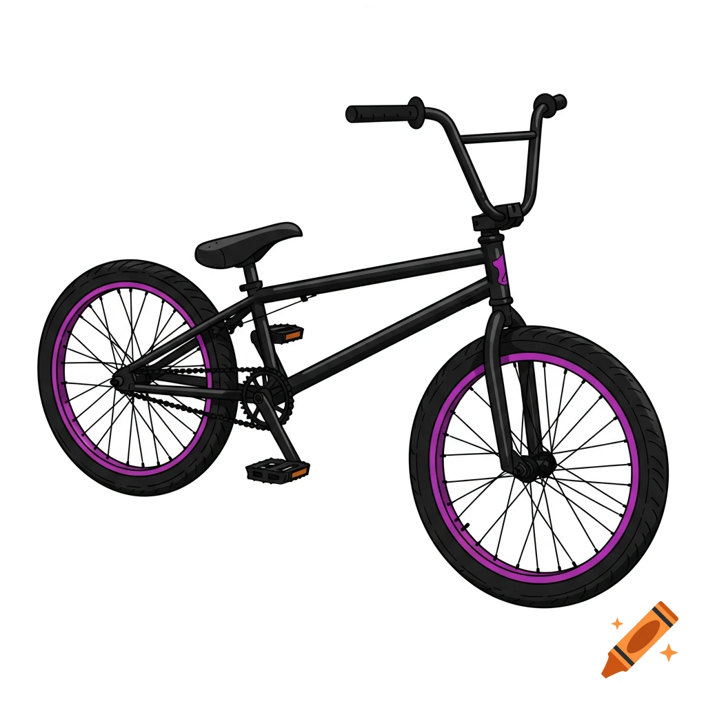 A 2D illustration of a black BMX bike with purple wheels on a white background. on Craiyon