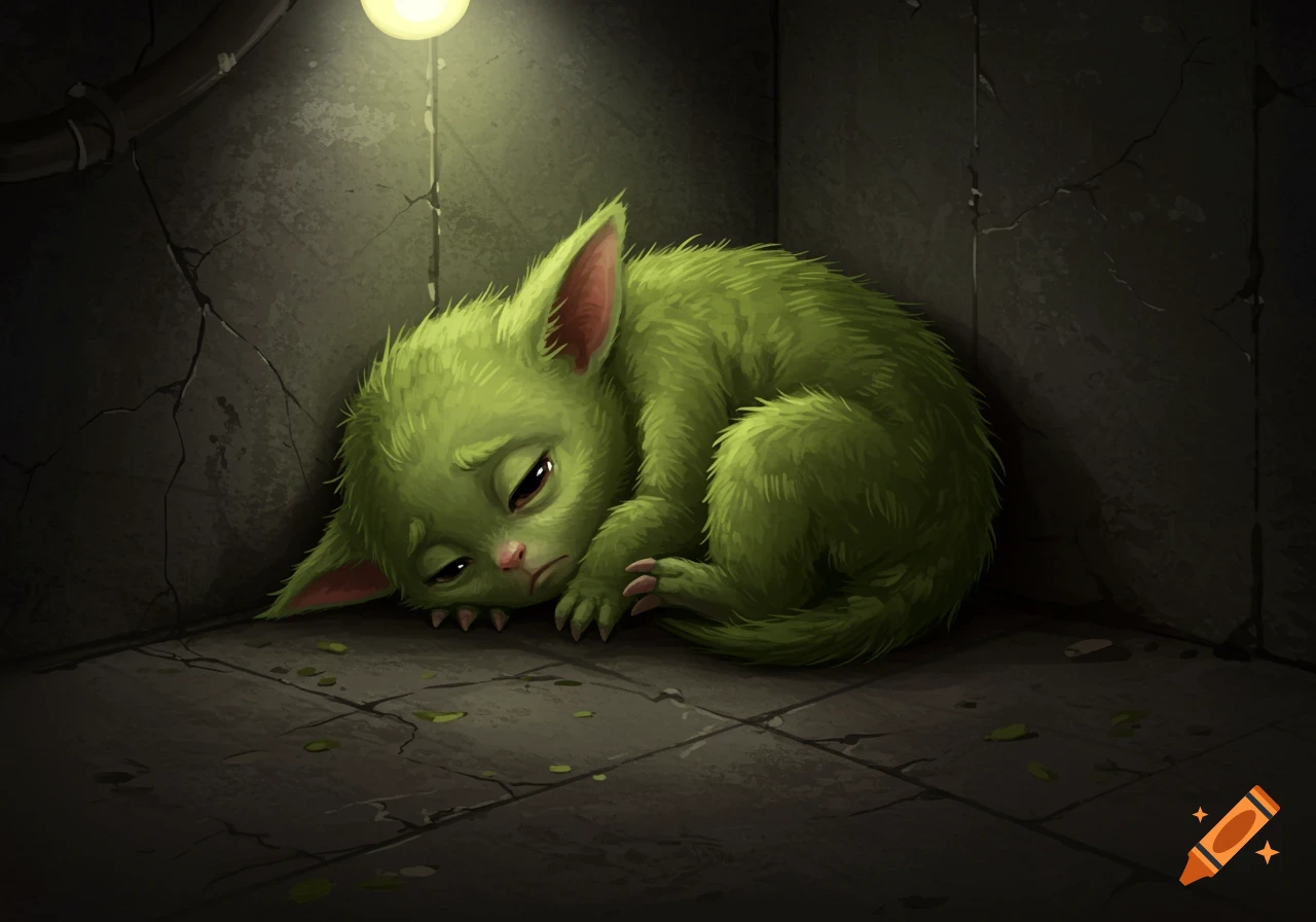 Sad, furry green creature curled in dimly lit corner. on Craiyon