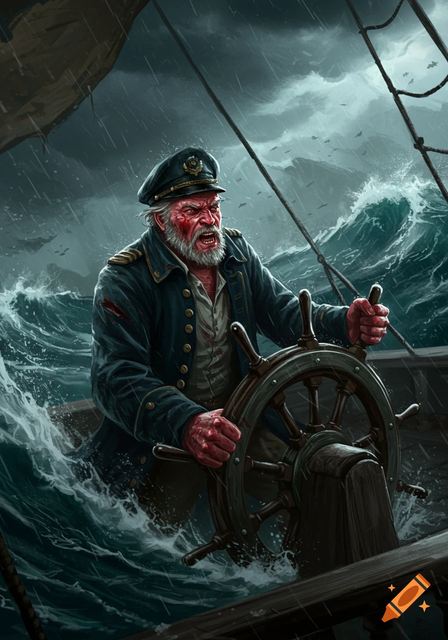Aggressive captain steering a ship through a storm at sea on Craiyon
