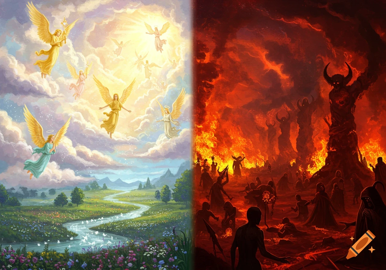 Split image showing peaceful heaven with angels on left and fiery hell with demons on right. on ...