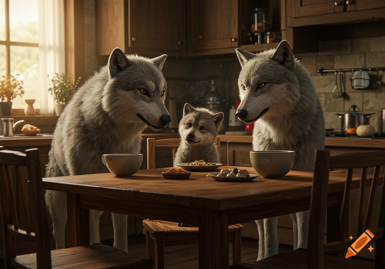 A family of wolves sits at a kitchen table. on Craiyon