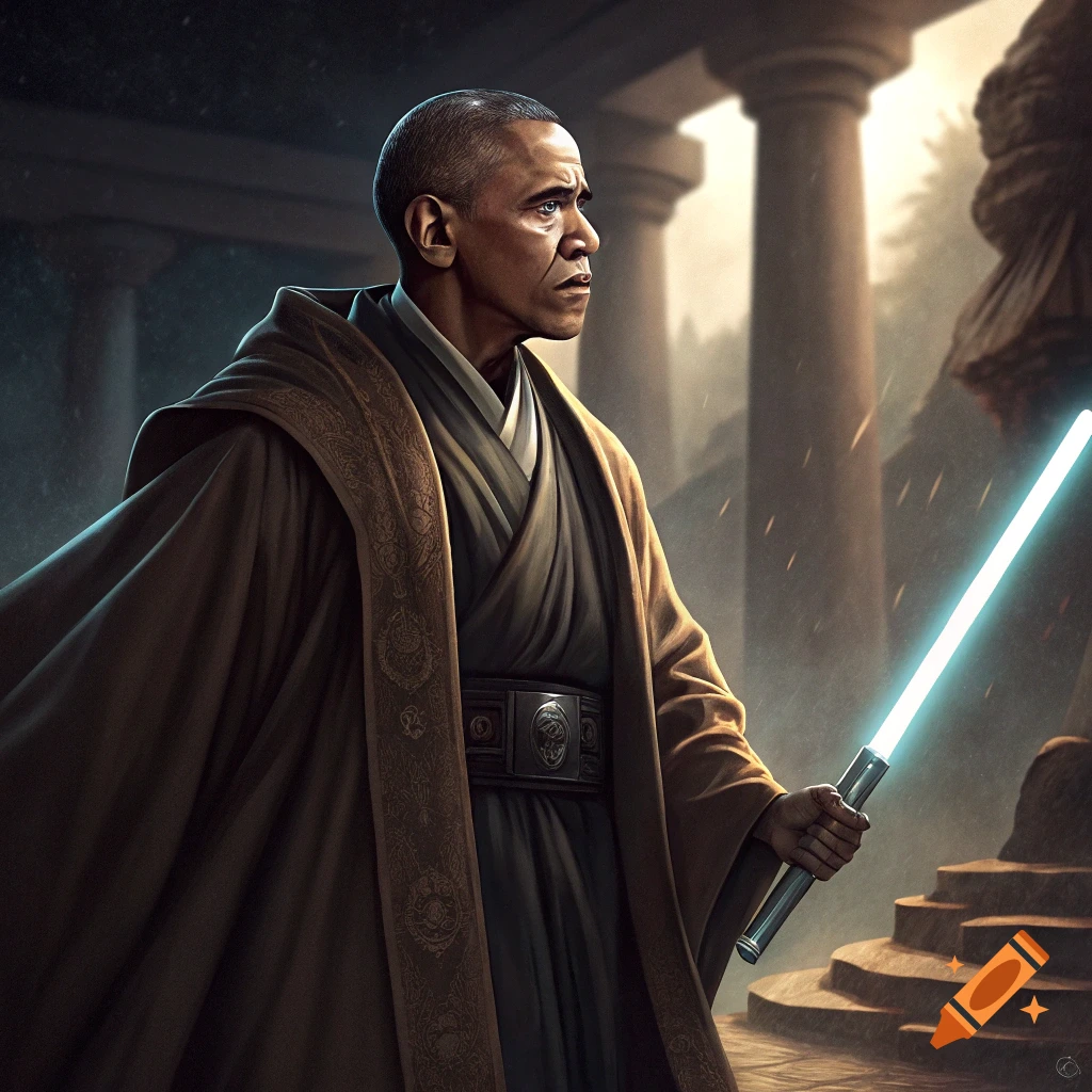 Barack Obama as a Jedi Knight with a lightsaber in an ancient temple on ...