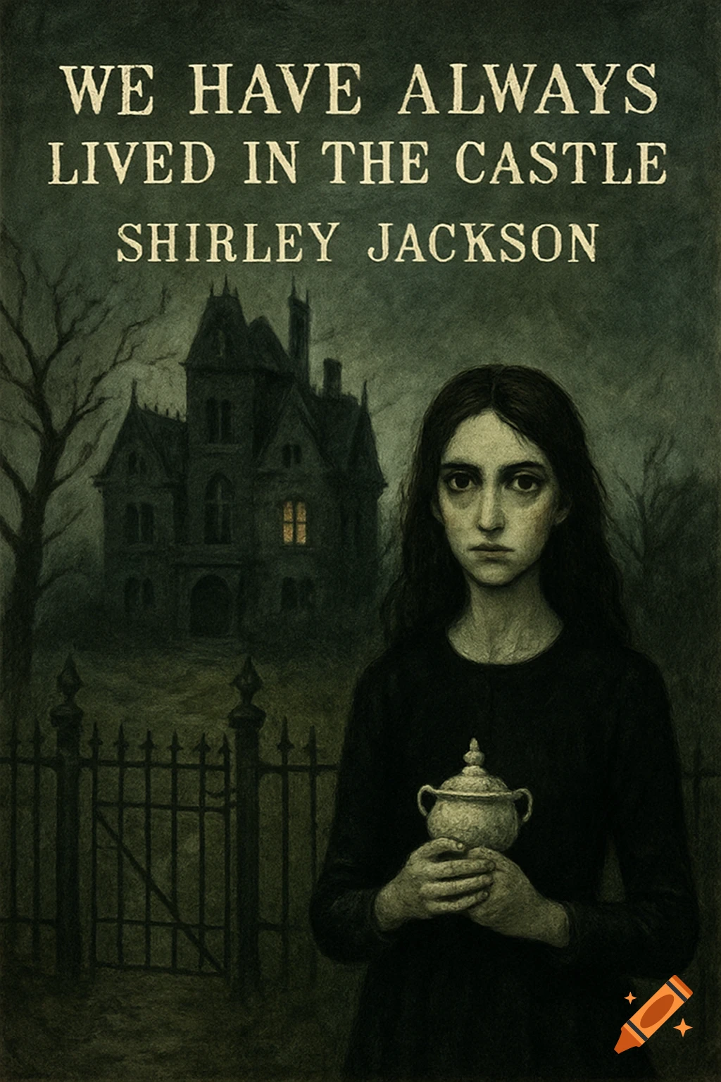 A girl holding an urn stands before a spooky house at night. Text at ...