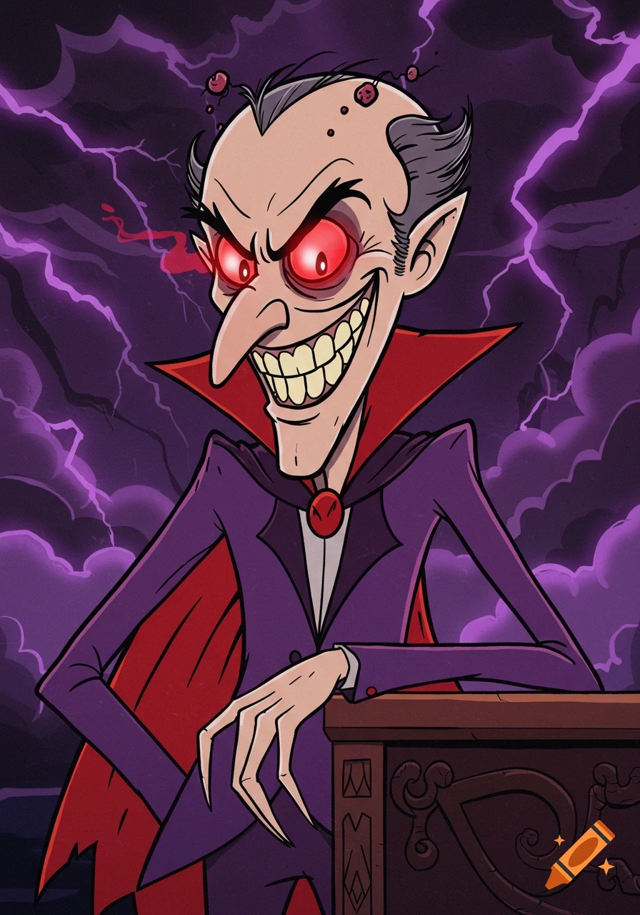 Cartoon of an evil vampire character with red eyes, sharp teeth, and a ...