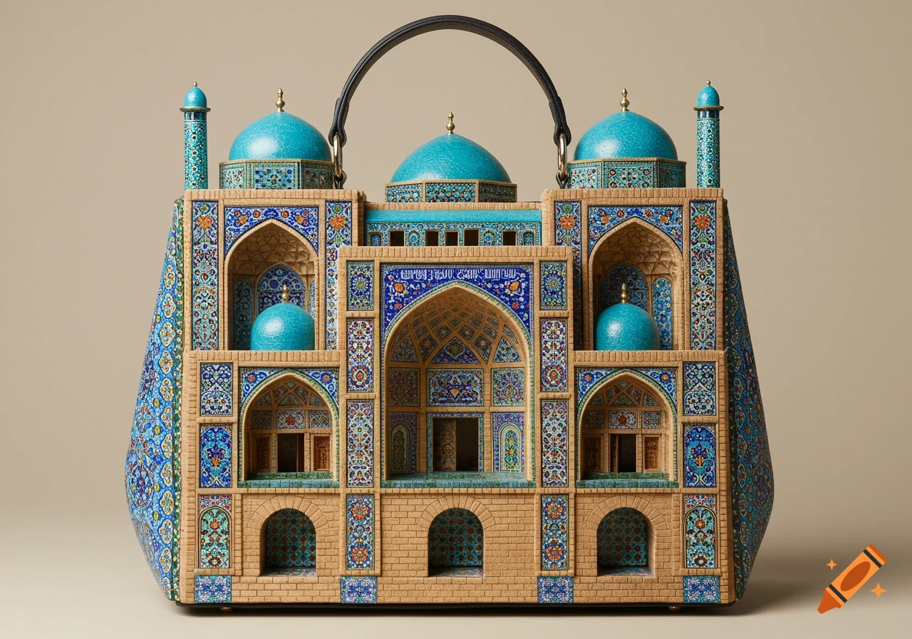 Luxury handbag designed like Iranian architecture with intricate blue ...