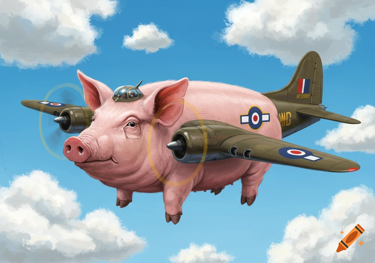 A cartoon pig flies through the sky as a bomber plane with wings ...