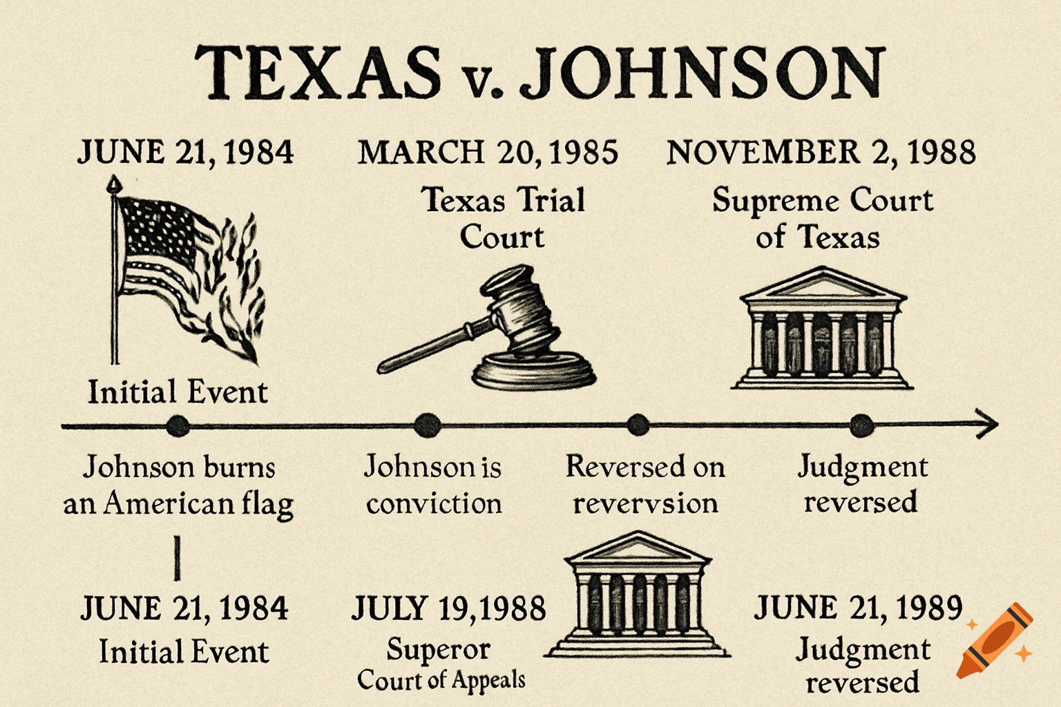 Timeline diagram for Texas v. Johnson case with illustrations. on Craiyon