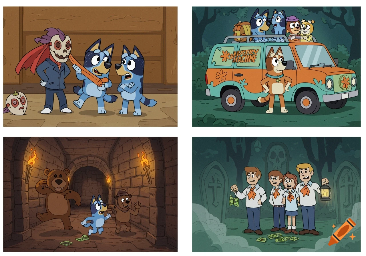 Four-panel cartoon crossover of Bluey and Scooby-Doo. Scenes include ...