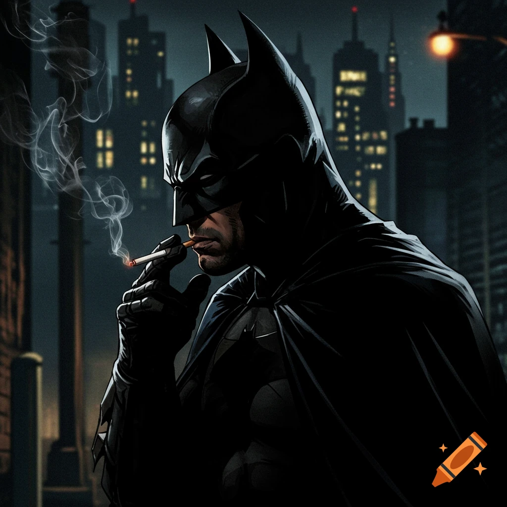 Illustration of Batman smoking a cigarette in a city on Craiyon