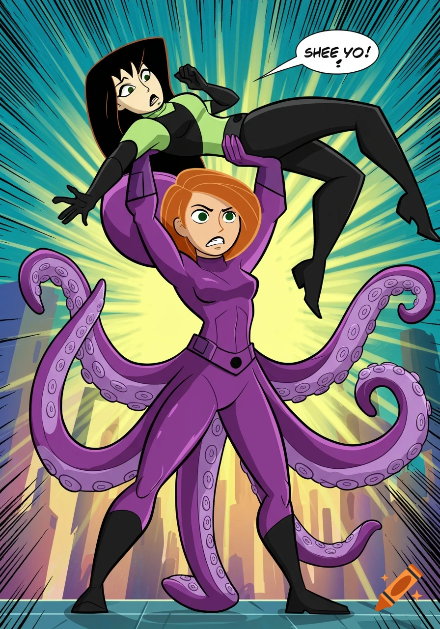 Cartoon style illustration of Kim Possible in a purple octopus suit lifting Shego. on Craiyon