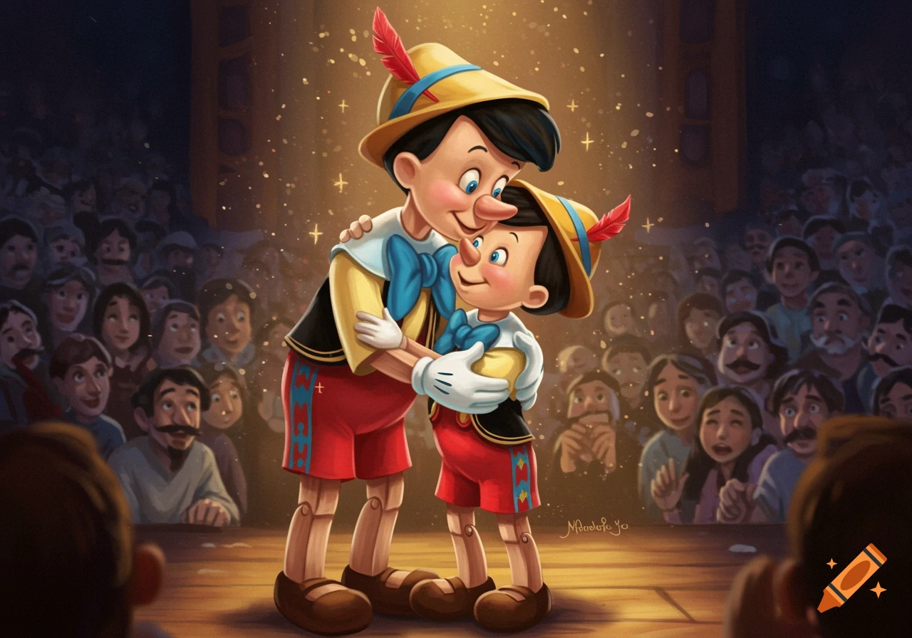 Cartoon illustration of Pinocchio and Geppetto hugging on a stage in front of a crowd. on Craiyon