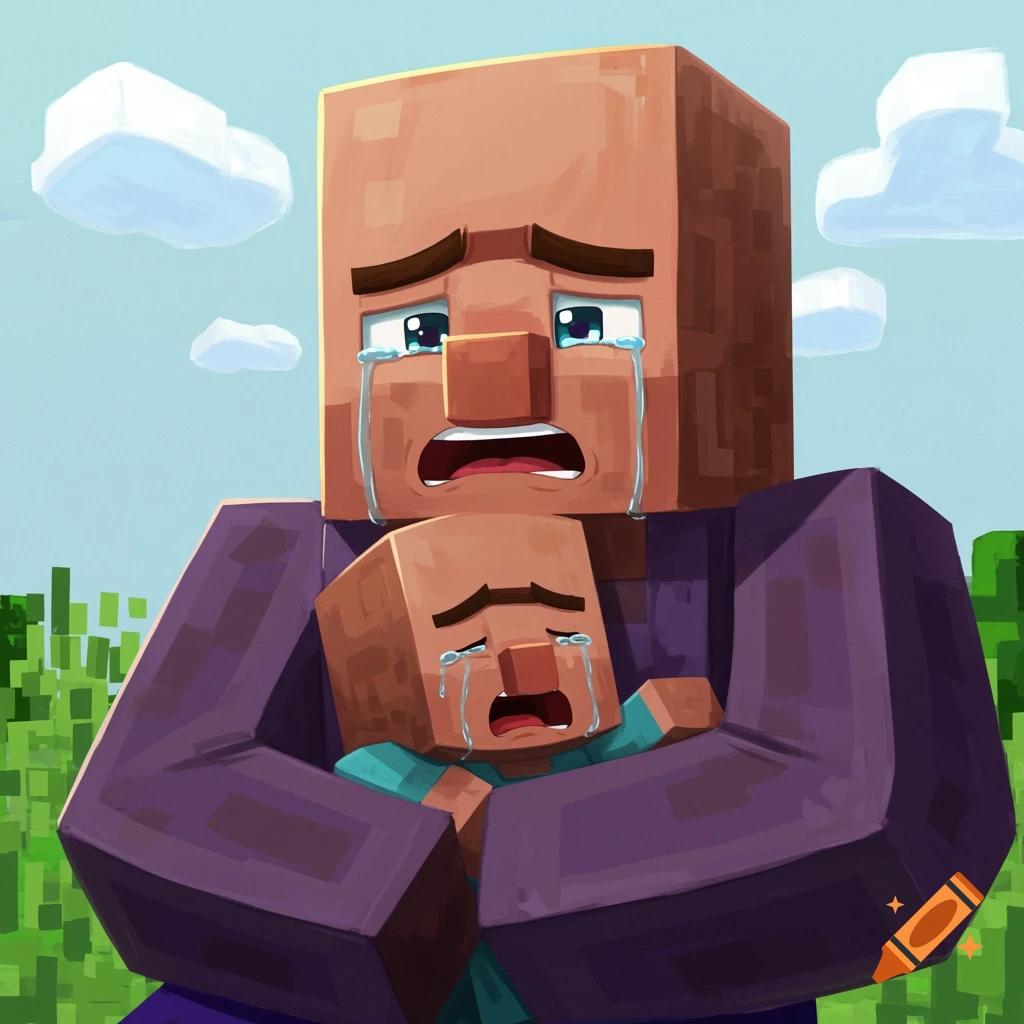 Stylized image of a large Minecraft villager holding a crying baby ...